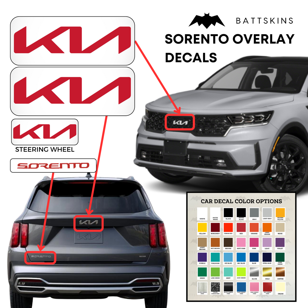 KIA Sorento Overlay Decals | 4 Sorento Logo Decals — BattSkins